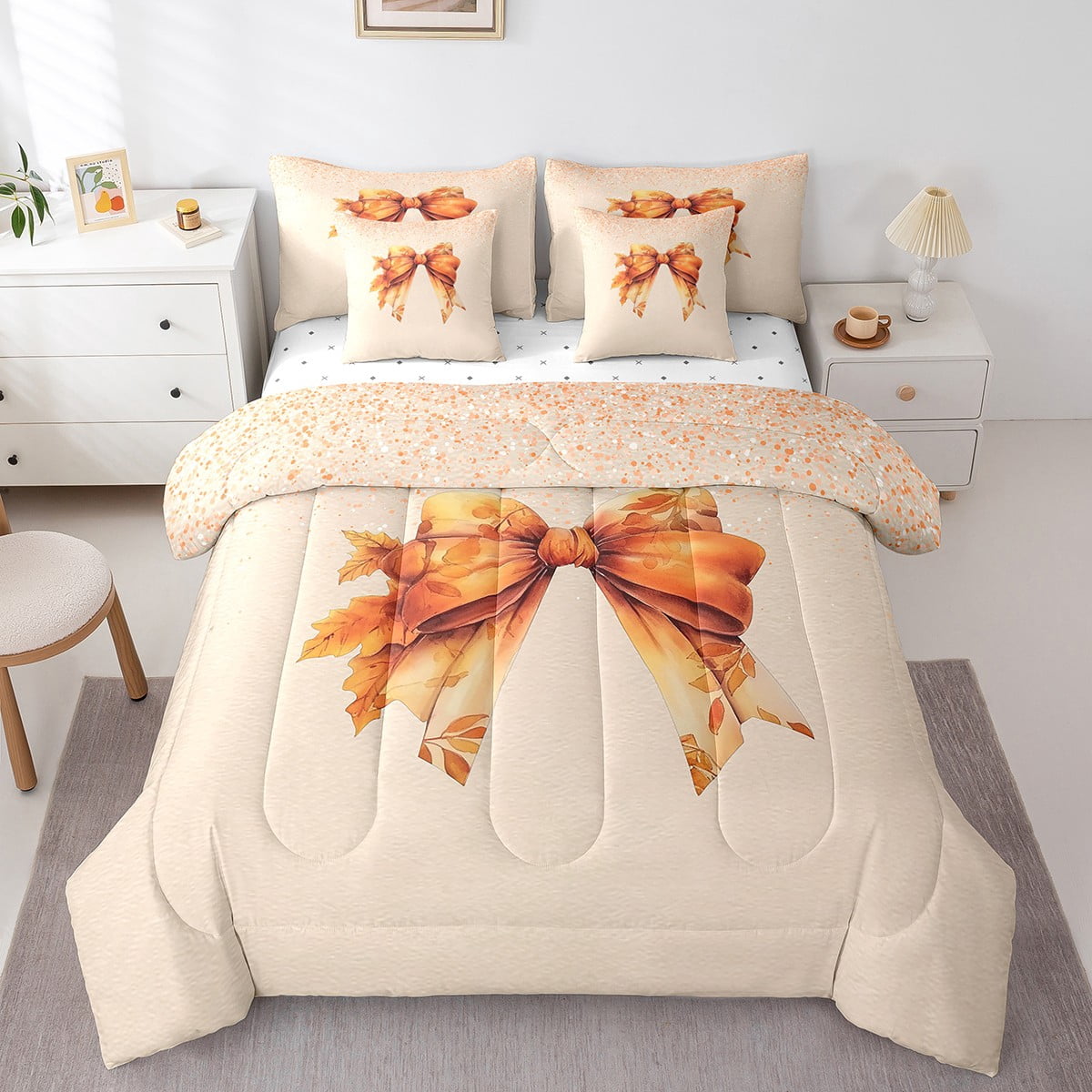 Manfei Kawaii Bow Bedding Queen Size,Girls Bow Knot Comforter Sets with ...