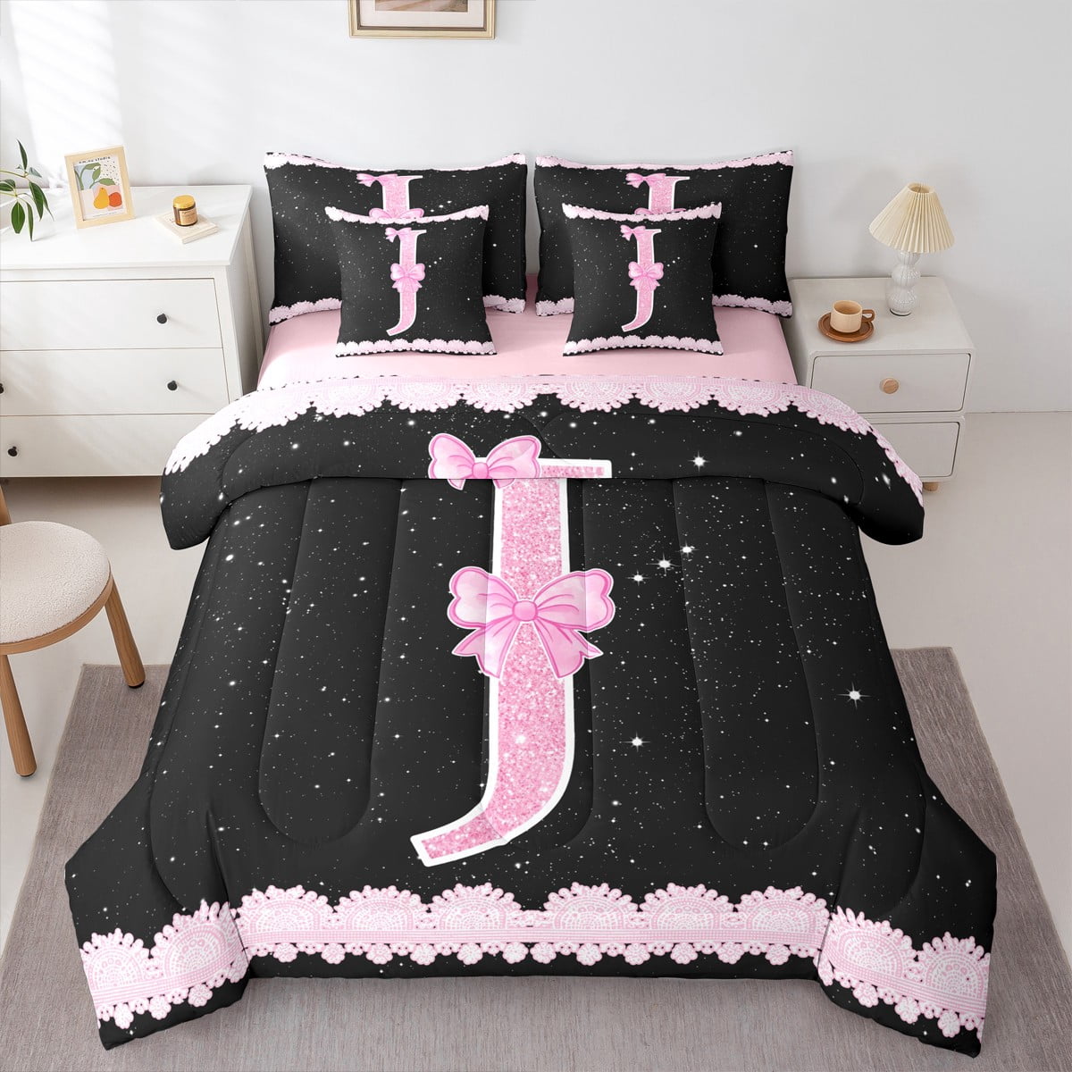 Manfei Kawaii Bow Bowknot 7pcs Bedding Comforter Set,Pink Sequin Print ...