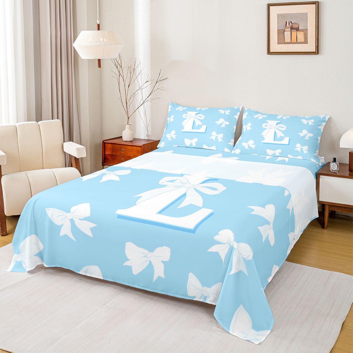 Manfei Kawaii Bow Letter L Twin Sheet Sets for Girl, Blue Cartoon ...