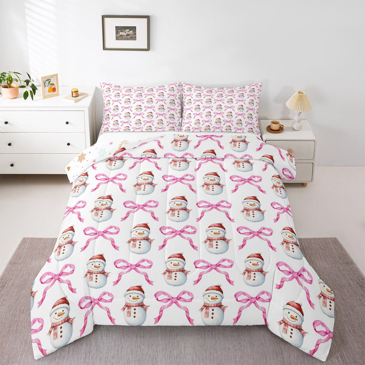 Manfei Kawaii Bow Tie Queen Comforter Set,Chic Christmas Snowmen Bedding Sets,Pink White Bedding ...