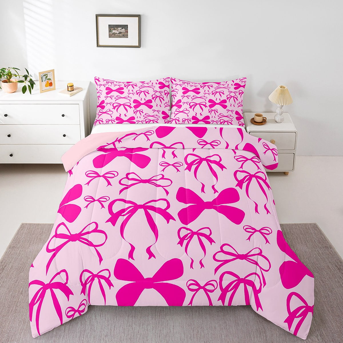 Manfei Kawaii Bowknot 3pcs King Size Comforter Sets,Hotpink Lightpink ...