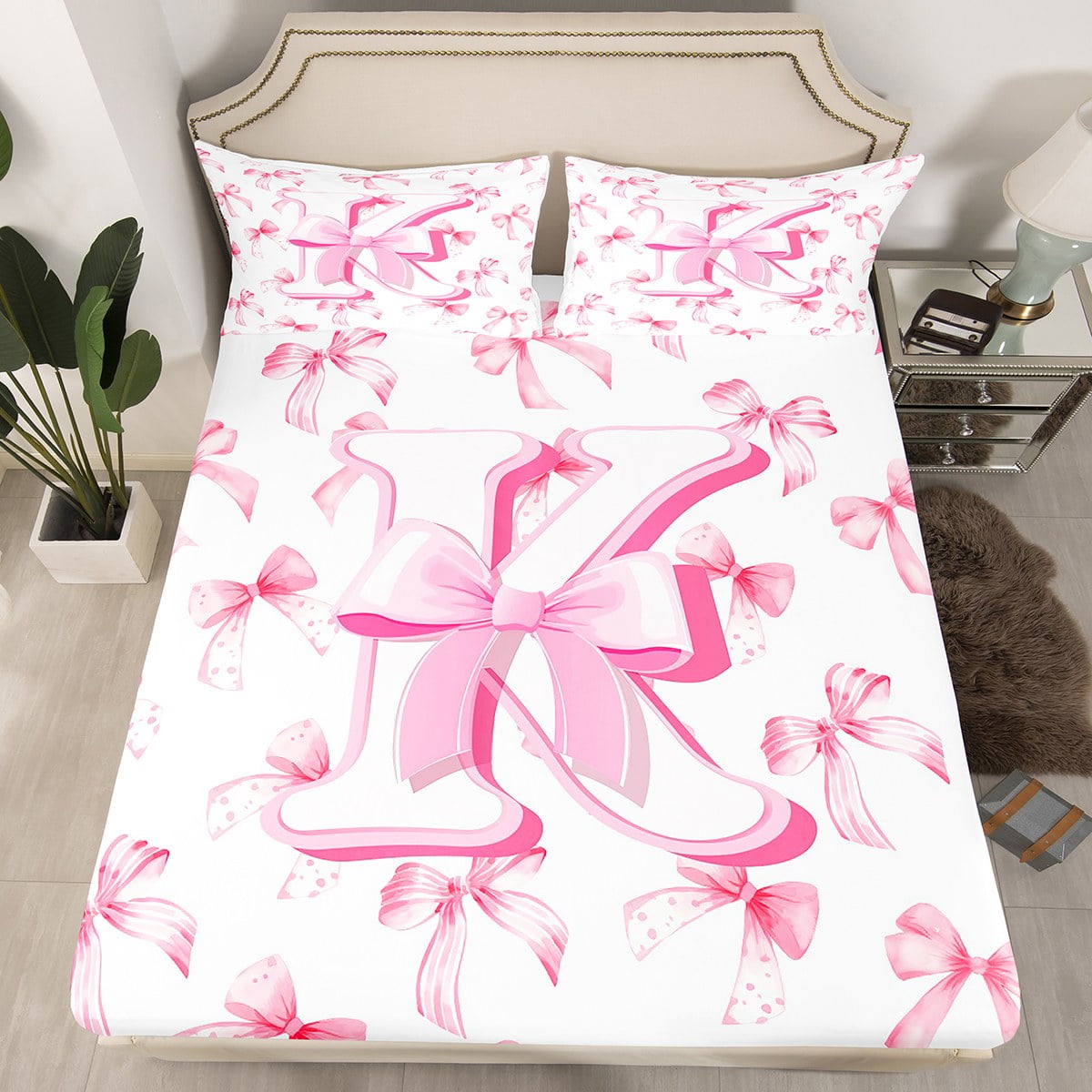 Manfei Kawaii Bowknot 4-Piece Full Size Sheets,Letter Personalized Bed ...