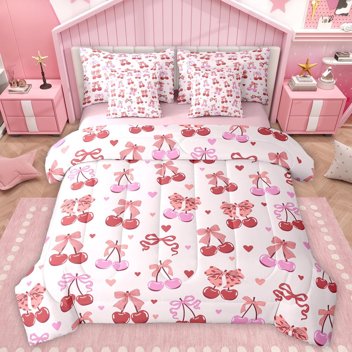 Manfei Kawaii Bowknot Cherry Bedding Comforter Set 7pcs for Girl ...