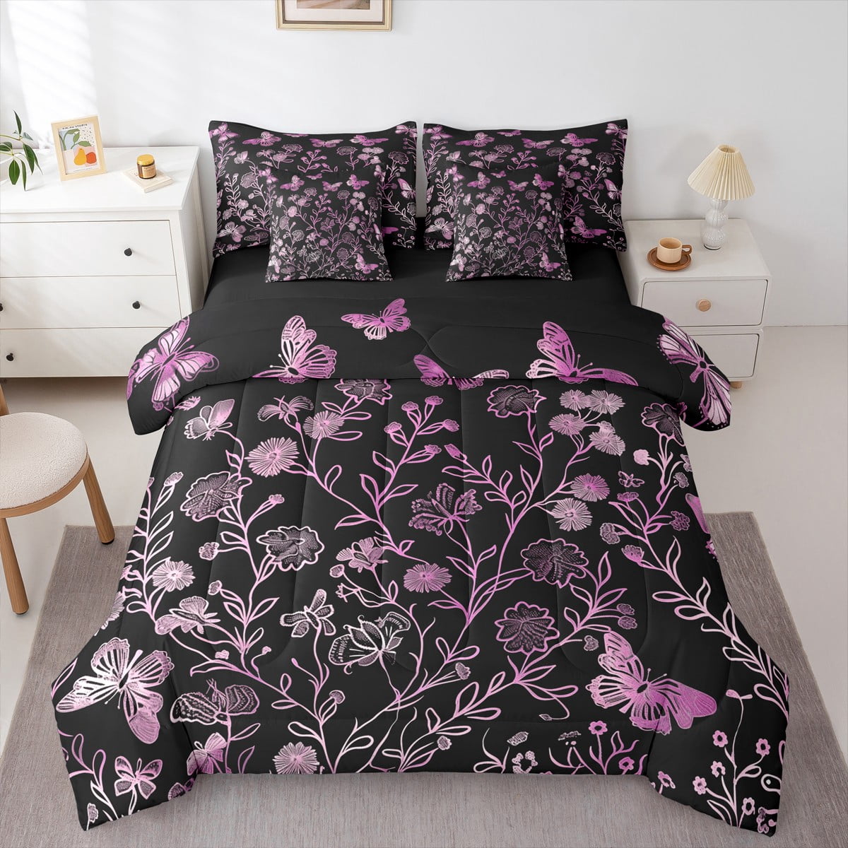 Manfei Kawaii Butterflies 7-Piece Twin Bedding Sets,Pink Leaves Floral ...