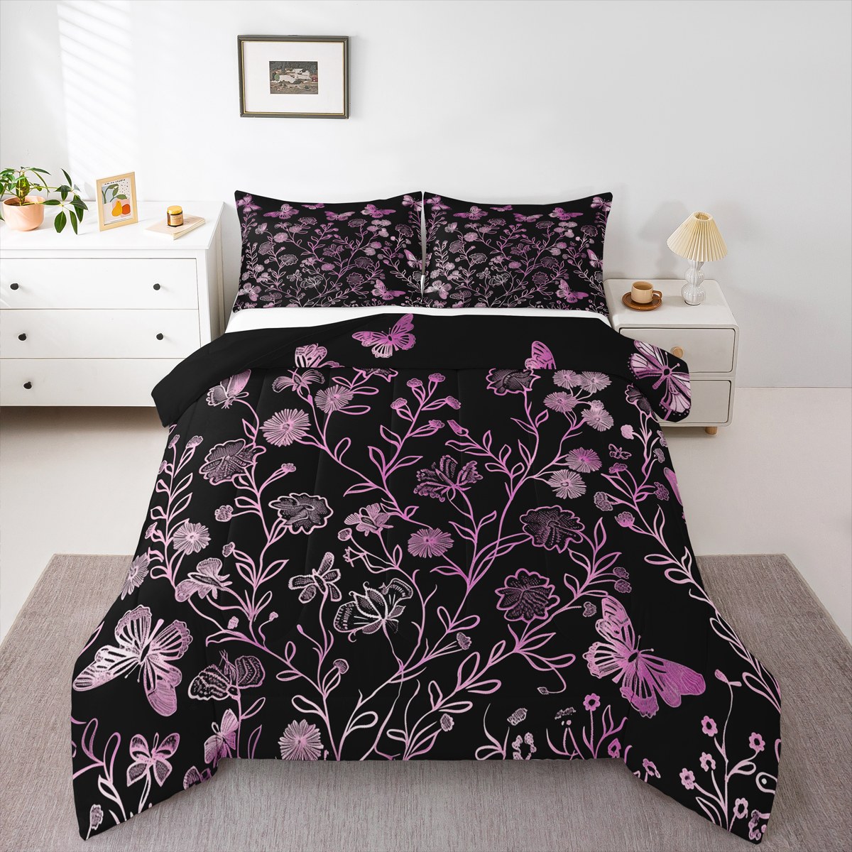 Manfei Kawaii Butterflies Full Size Comforter Sets,Pink Leaves Floral ...