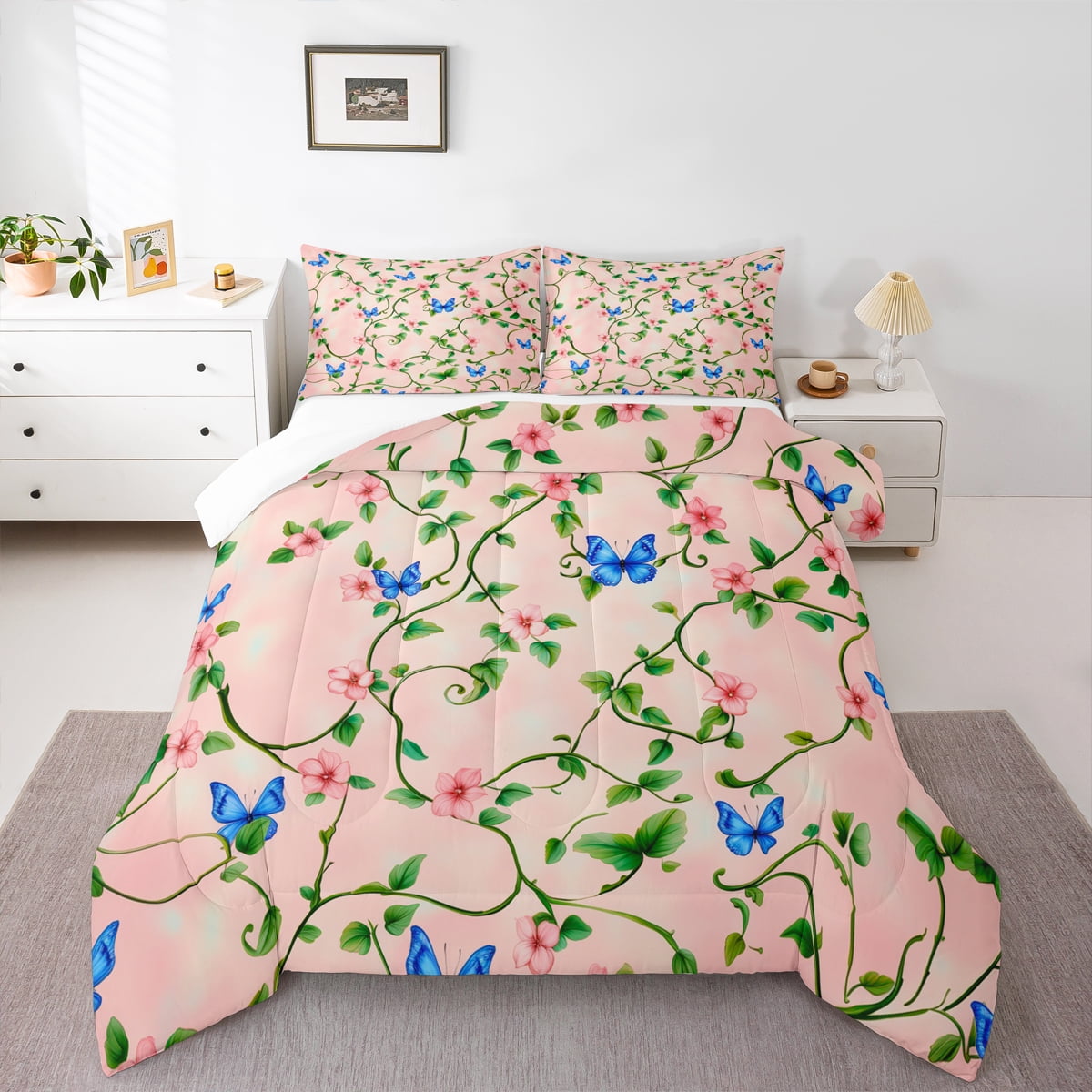 Manfei Kawaii Butterfly Queen Comforter Set,Country Flower Floral ...