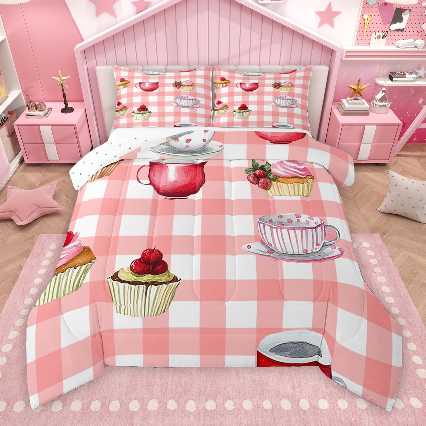 Manfei Kawaii Cake Dessert Queen Comforter Set for Teen, Cartoon Coffee ...