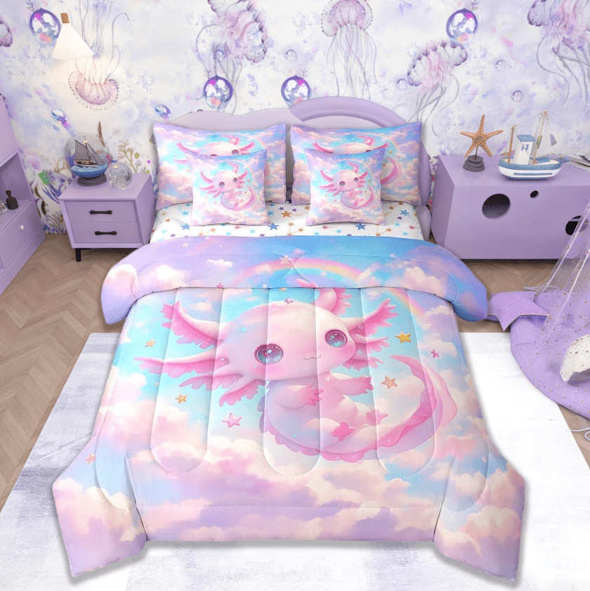 Manfei Kawaii Cartoon Axolotl 7 Pieces Bedding Comforter Set,Pink Cute ...