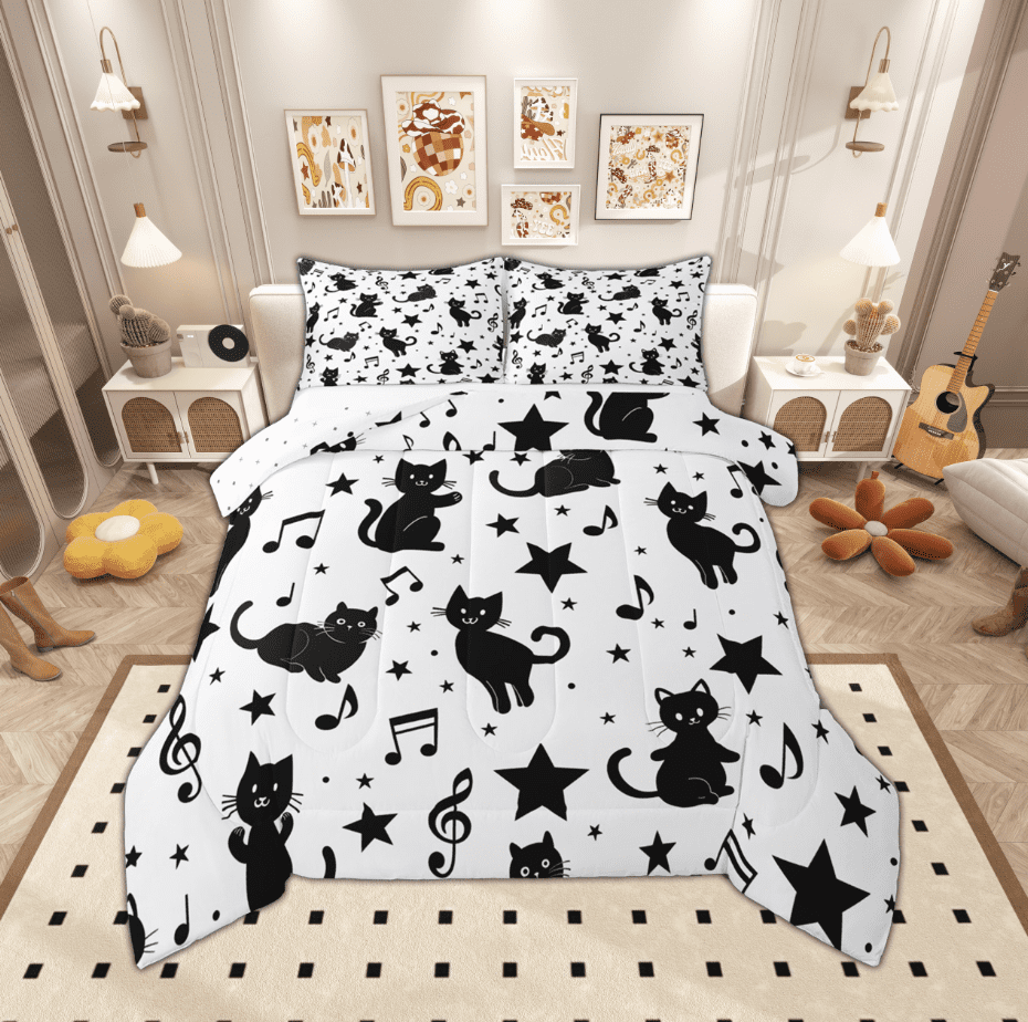 Manfei Kawaii Cartoon Cat Queen Comforter Set for Kids, White Black ...