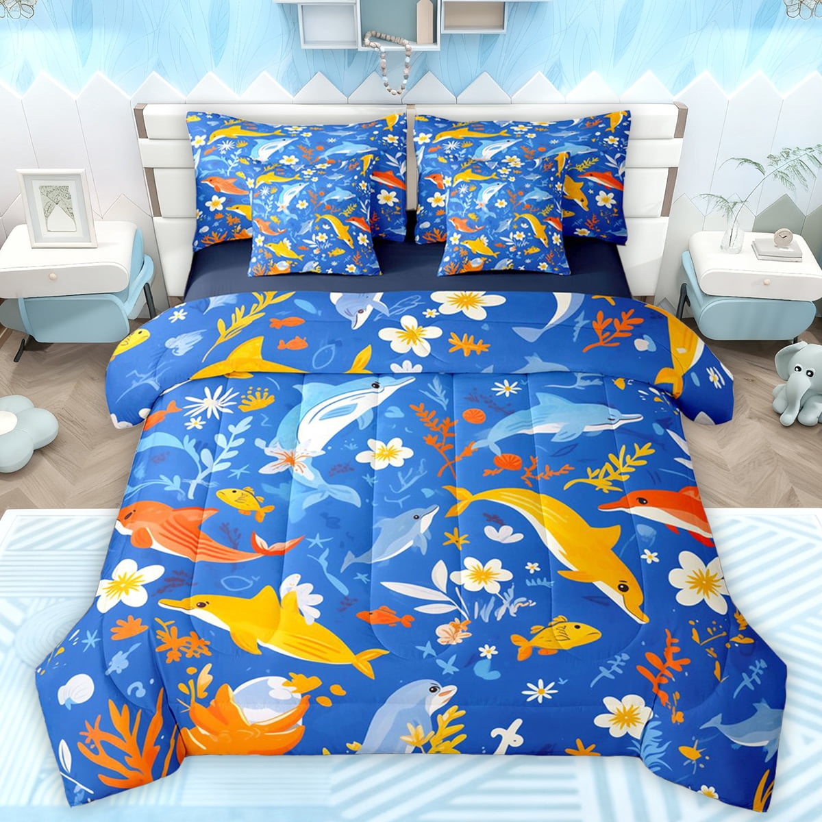 Manfei Kawaii Cartoon Dolphin Bedding Comforter Set 7 Pieces, Blossoms ...