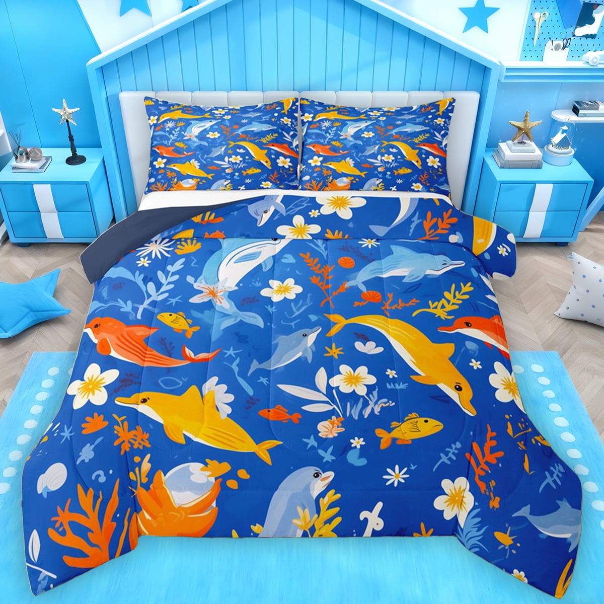 Manfei Kawaii Cartoon Dolphin Bedding Comforter Set, Blossoms Flower ...