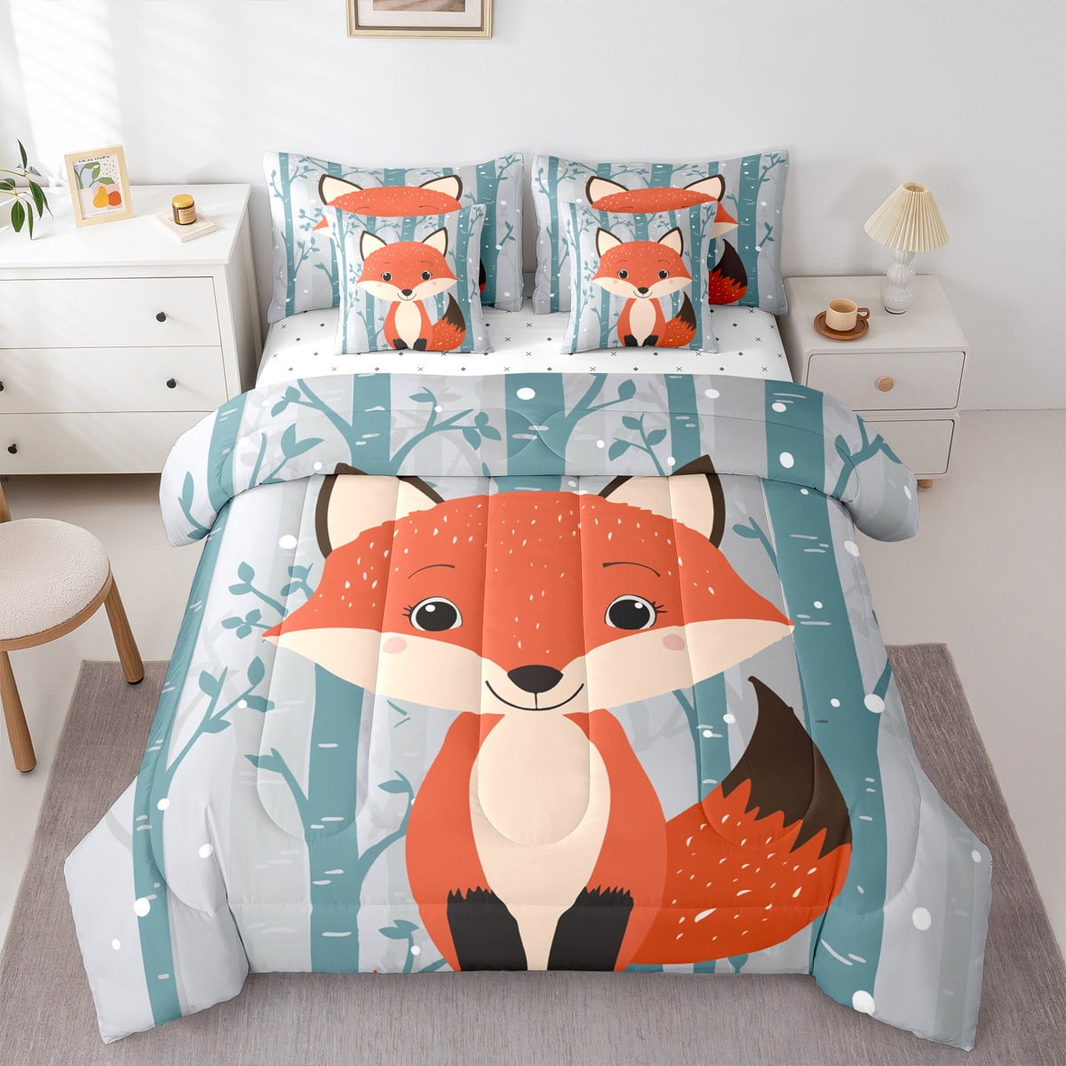Manfei Kawaii Cartoon Fox Bedding Comforter Set 7-Piece, Cute Jungle ...