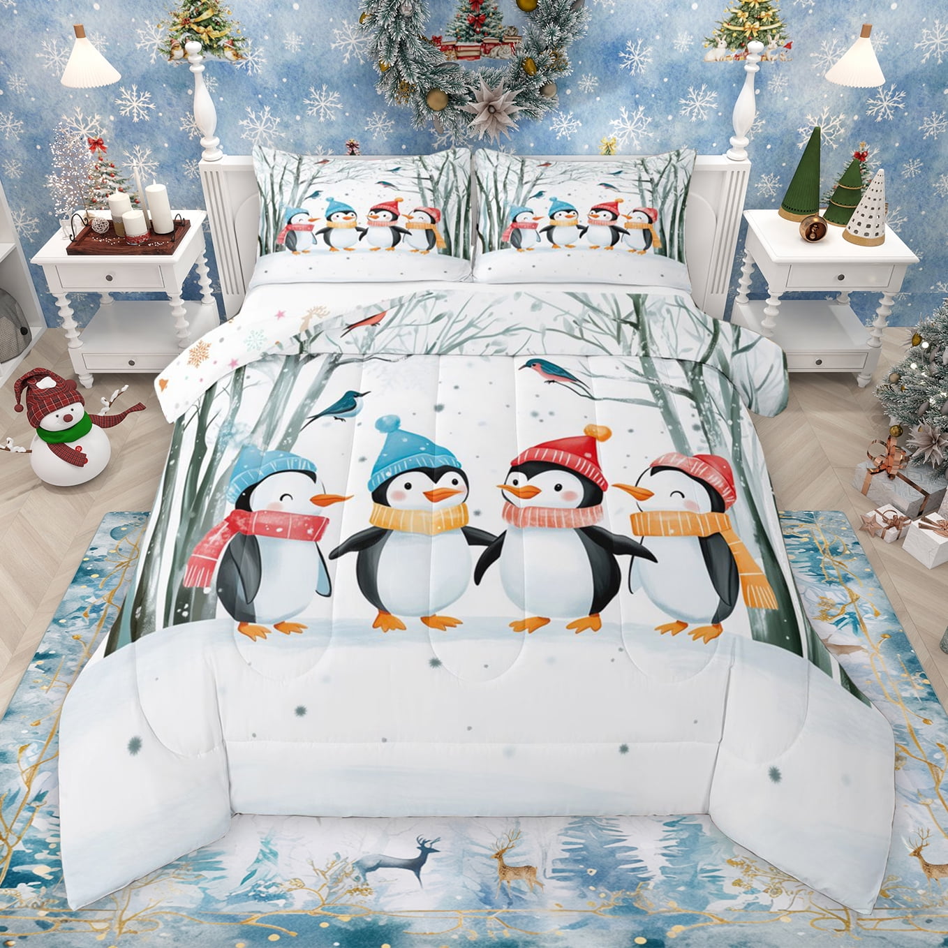 Manfei Kawaii Cartoon Penguin Bedding Comforter Set, Antarctic Animal ...