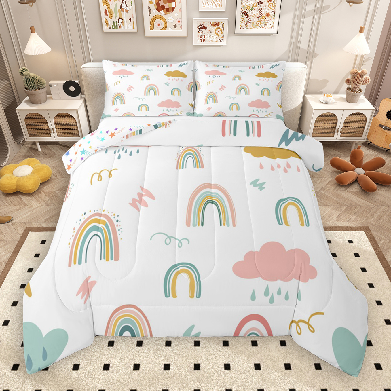 Manfei Kawaii Cartoon Rainbow Full Size Comforter Sets,Cartoon Graffiti ...