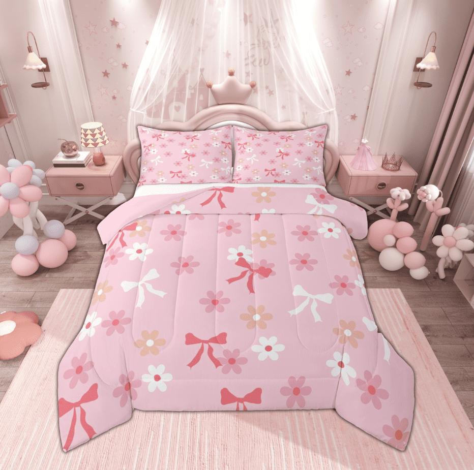 Manfei Kawaii Cartoon Ribbon Queen Comforter Set, Blossoms Flower ...