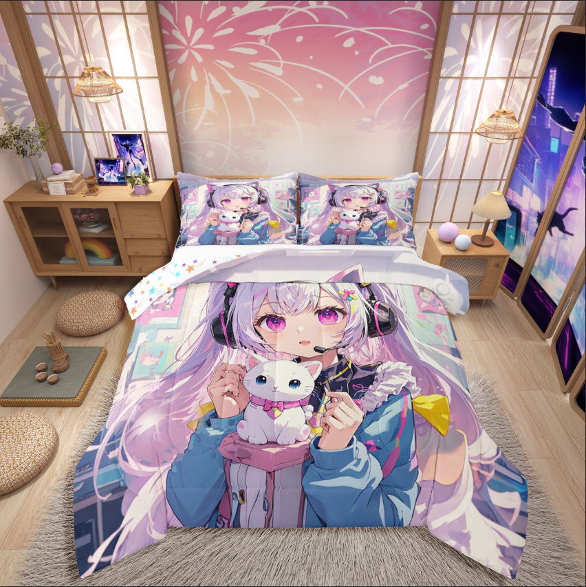 Manfei Kawaii Cat 3 Pieces Queen Comforter Set,Japanese Style Bedding ...