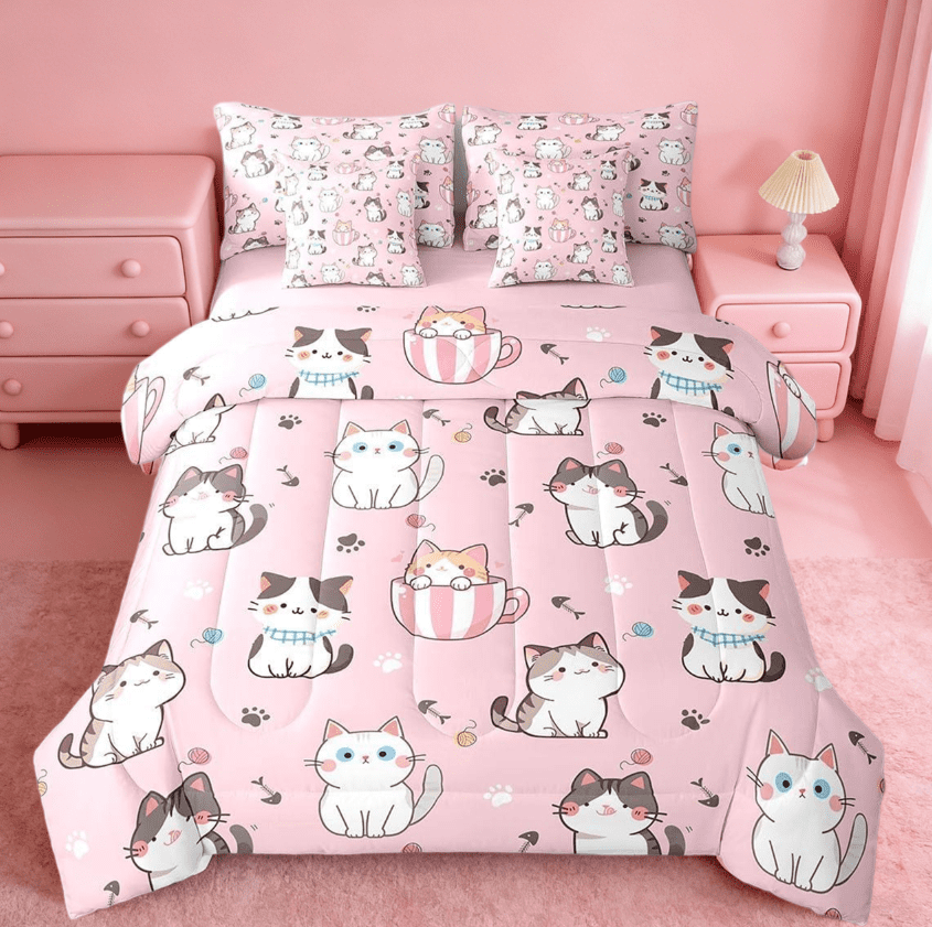 Manfei Kawaii Cat 7-Piece Twin Bedding Sets For Boys Girls,Cats Print ...