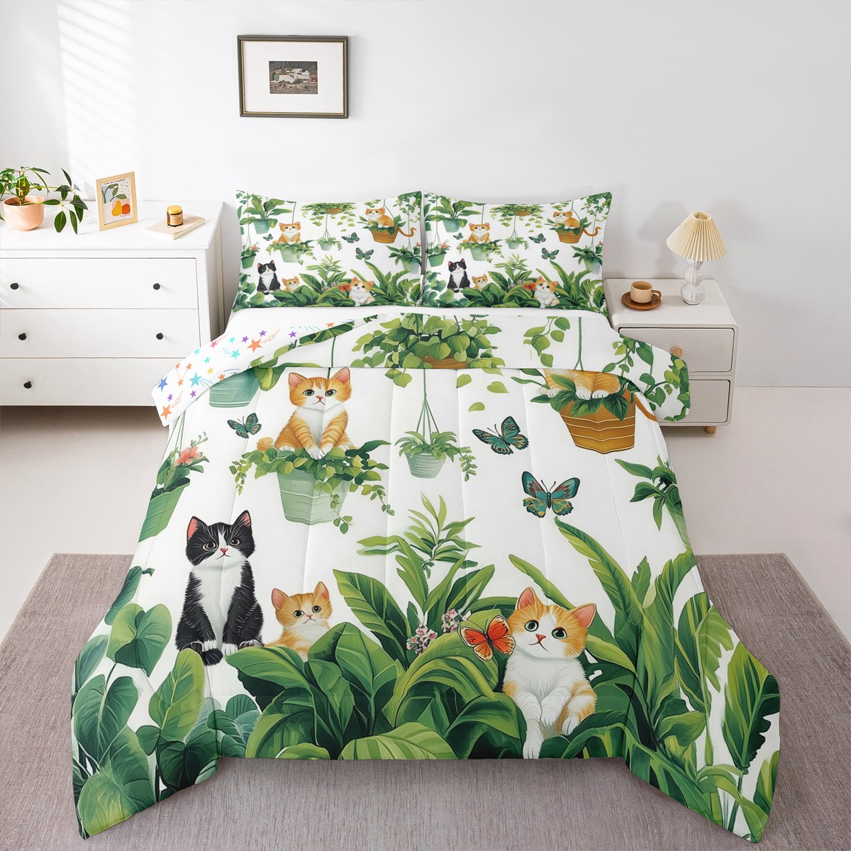 Manfei Kawaii Cat Comforter Sets, Garden Plant Leaf Comforters & Duvets ...