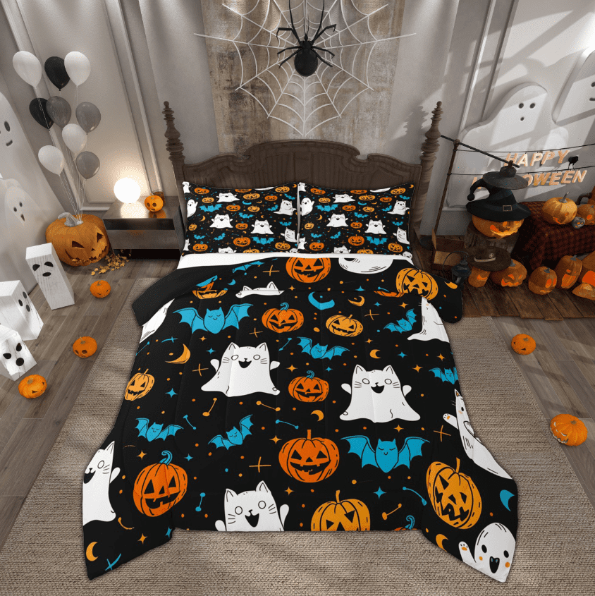Manfei Kawaii Cat Ghost Bedding King Comforter Set, Halloween Bat ...