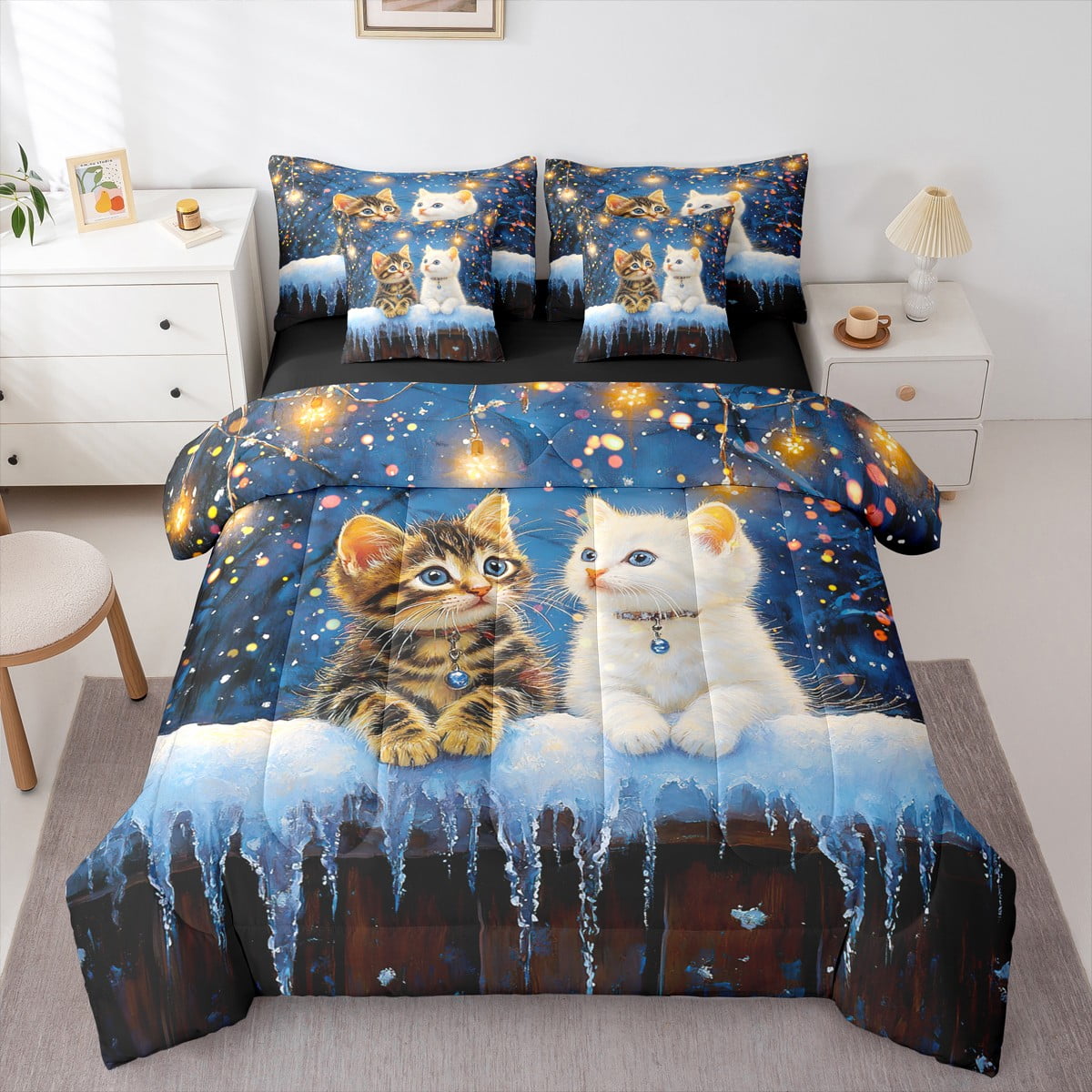 Manfei Kawaii Cat Kitten Bedding Comforter Set 7 Pieces, Giltter Stars ...