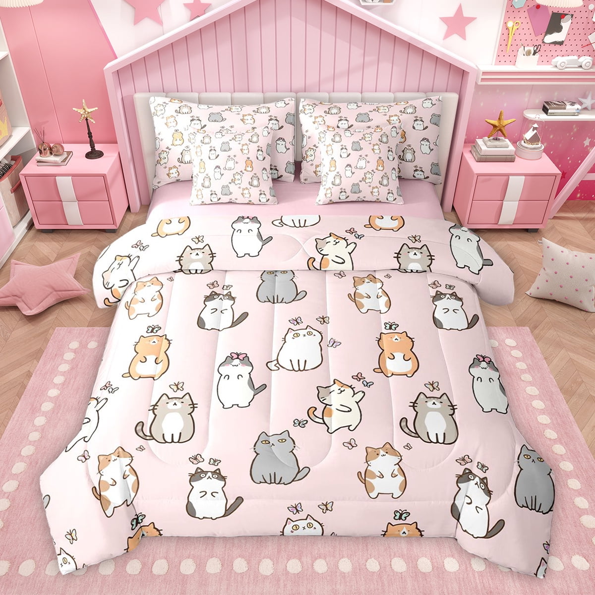 Homewish Kawaii Cat Kitten Bedding Comforter Set 7pcs, Cute Cartoon ...
