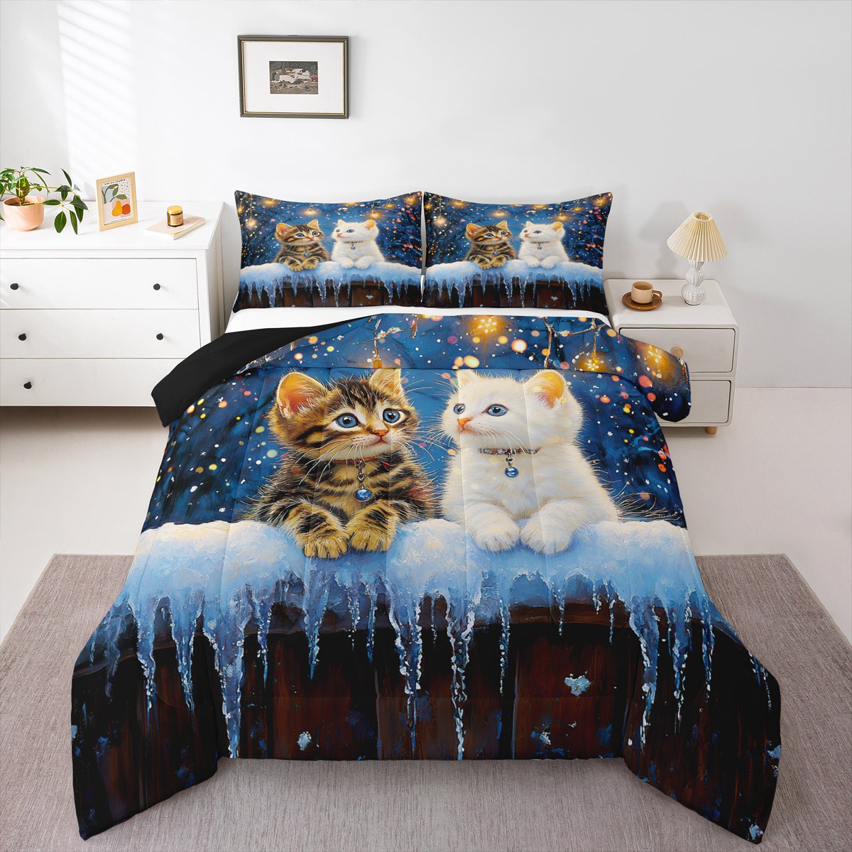 Manfei Kawaii Cat Kitten Full Size Comforter Sets, Giltter Stars Galaxy ...