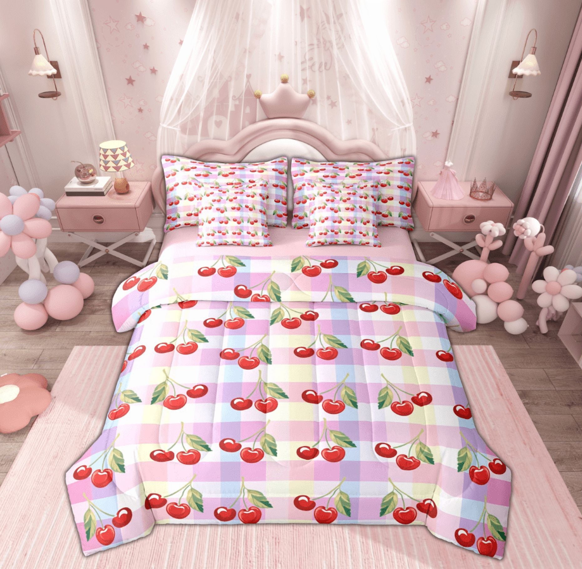 Manfei Kawaii Cherry Twin Bedding Sets 7-Piece for Kid, Cartoon Fruit ...