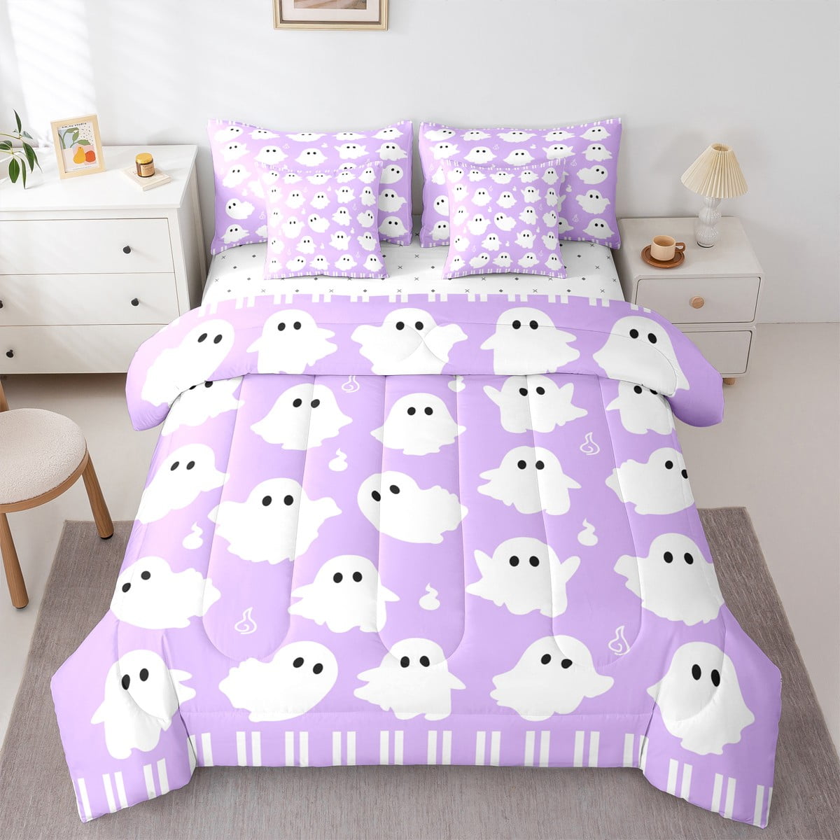 Manfei Kawaii Cute Ghost Bedding Comforter Set 7 Pieces for Kids, Sugar ...