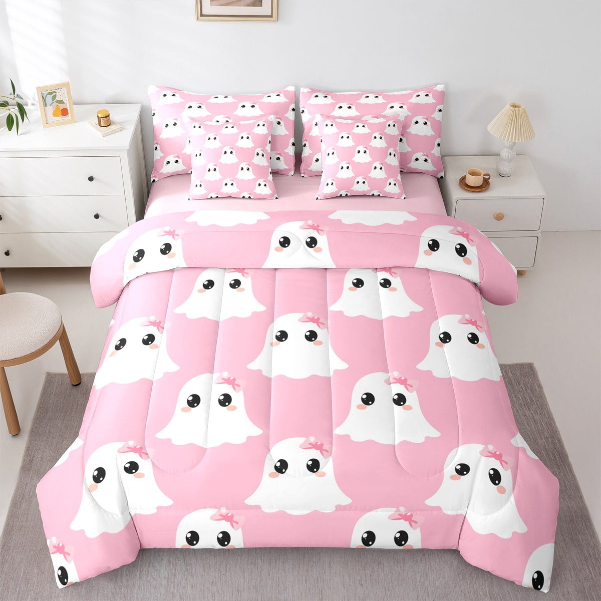 Manfei Kawaii Cute Ghost Bedding Comforter Set 7pcs for Kids, Sugar ...