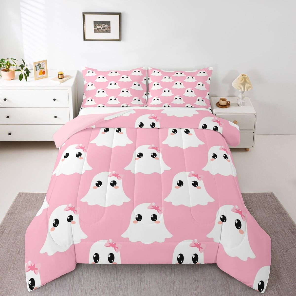 Manfei Kawaii Cute Ghost Bedding Comforter Set for Kids, Sugar ...