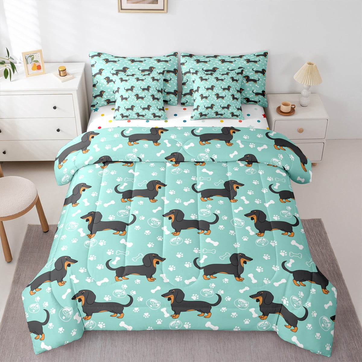 Manfei Kawaii Dachshund Kids Bedding Comforter Set 7-Piece, Cute ...