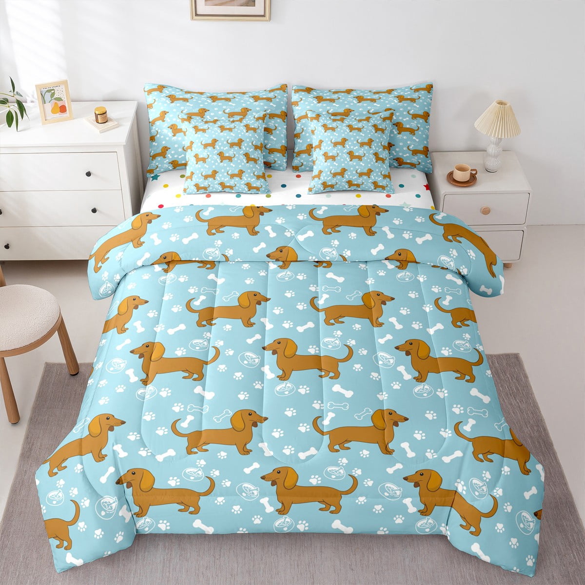 Manfei Kawaii Dachshund Kids Bedding Comforter Set 7pcs, Cute Cartoon ...