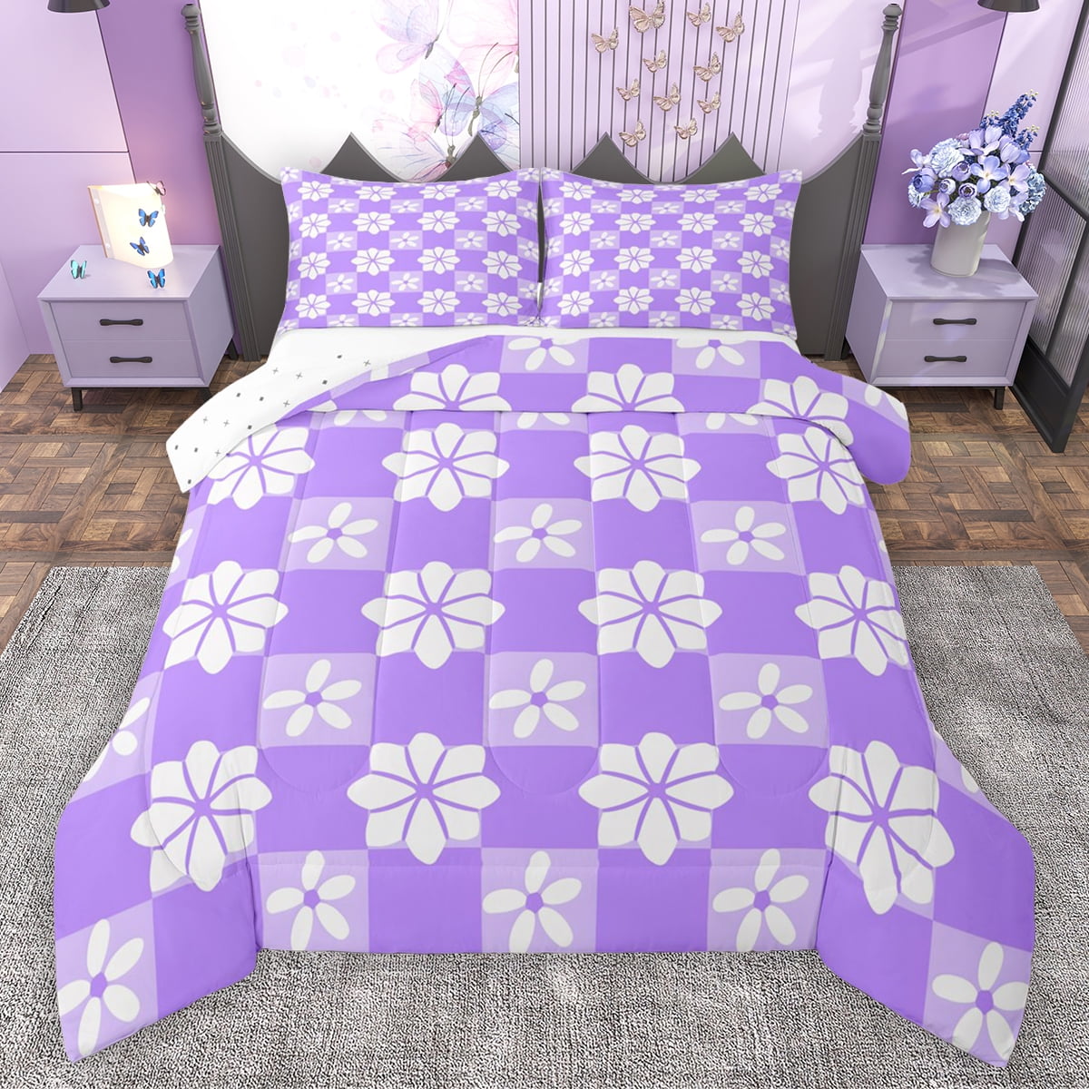 Manfei Kawaii Daisy Blossom Queen Comforter Set,Cartoon Flower Floral ...