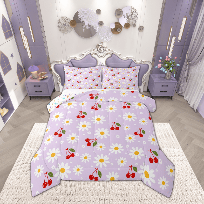 Manfei Kawaii Daisy Floral Bedding Comforter Set,Cute Cartoon Cherry ...