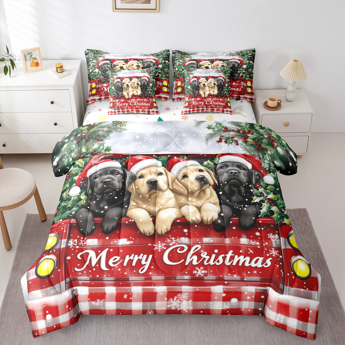 Manfei Kawaii Dog Pug Bedding Comforter Set 7 Pieces, Cute Christmas ...