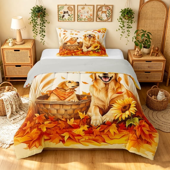 Manfei Kawaii Dog Twin Comforter Sets, Autumn Maple Leaf Bedding Set ...