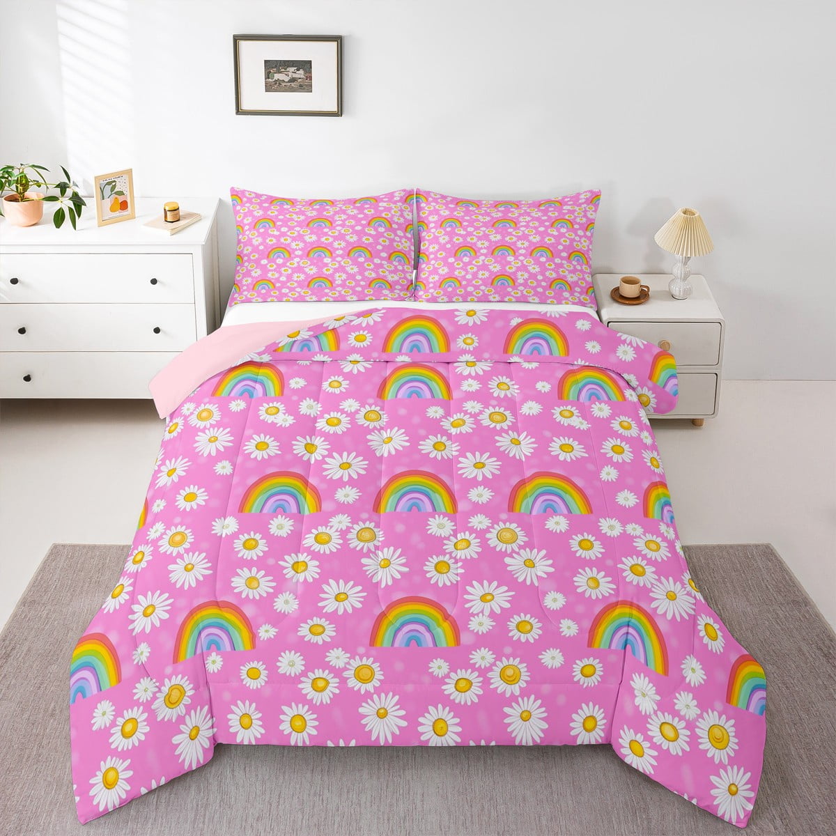 Manfei Kawaii Floral Daisy Bedding Comforter Set,Cartoon Rainbow Twin ...