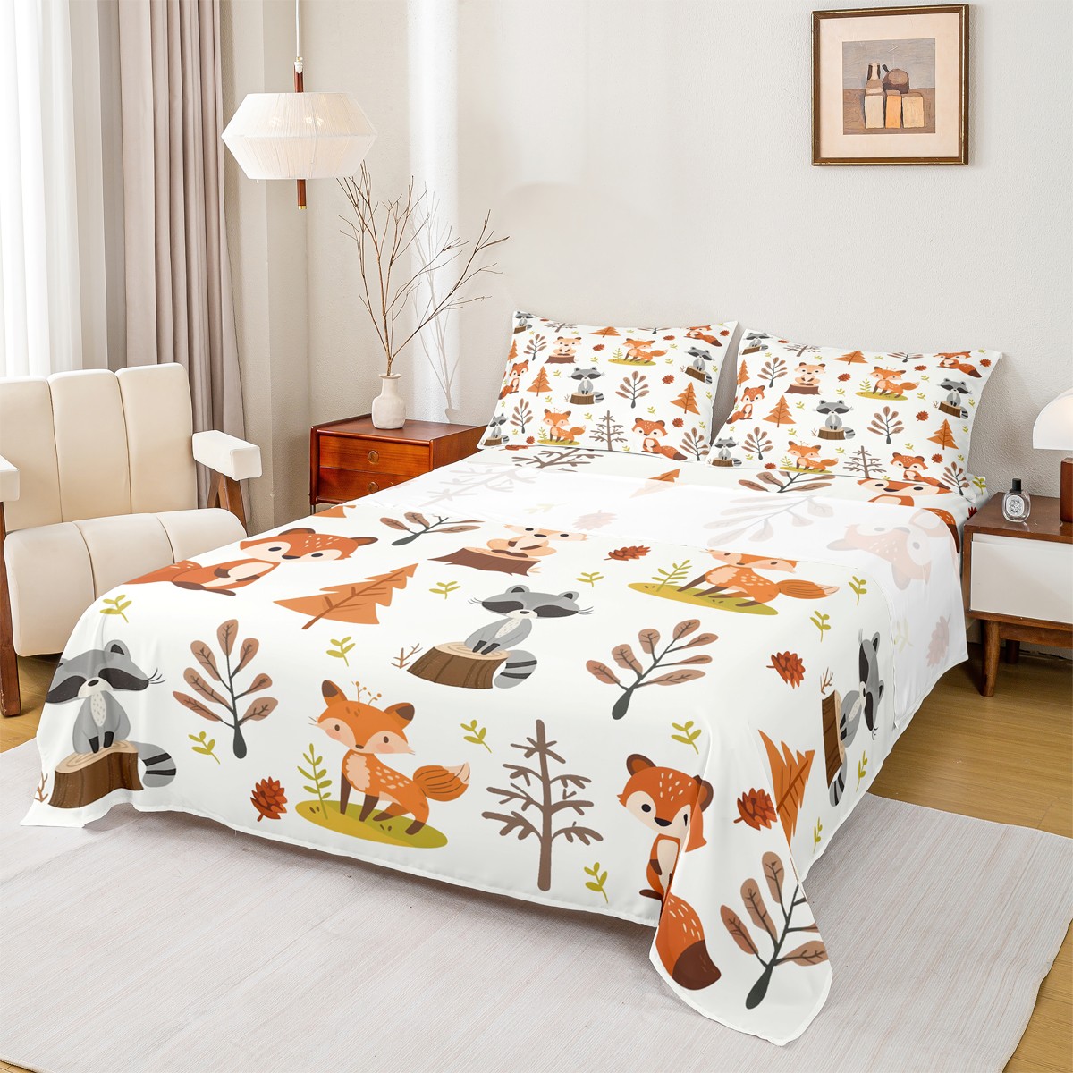 Manfei Kawaii Fox Raccoon Twin Sheet Sets, Woodland Wildlife Twin ...