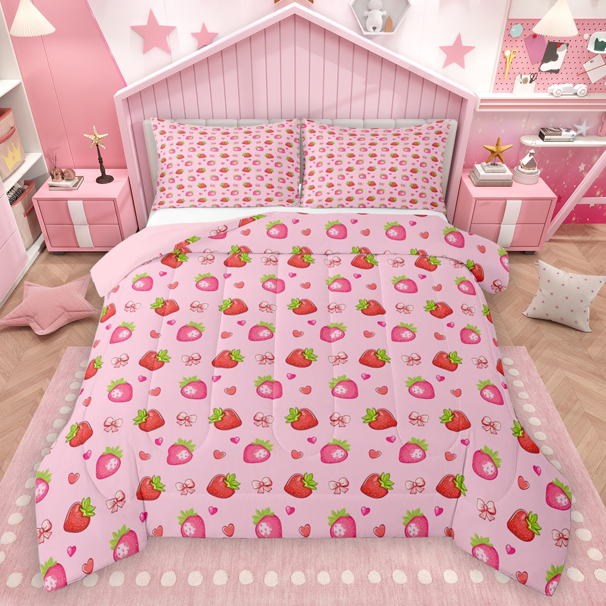 Homewish Kawaii Fruit Strawberry Queen Comforter Set for Girls, Cute ...