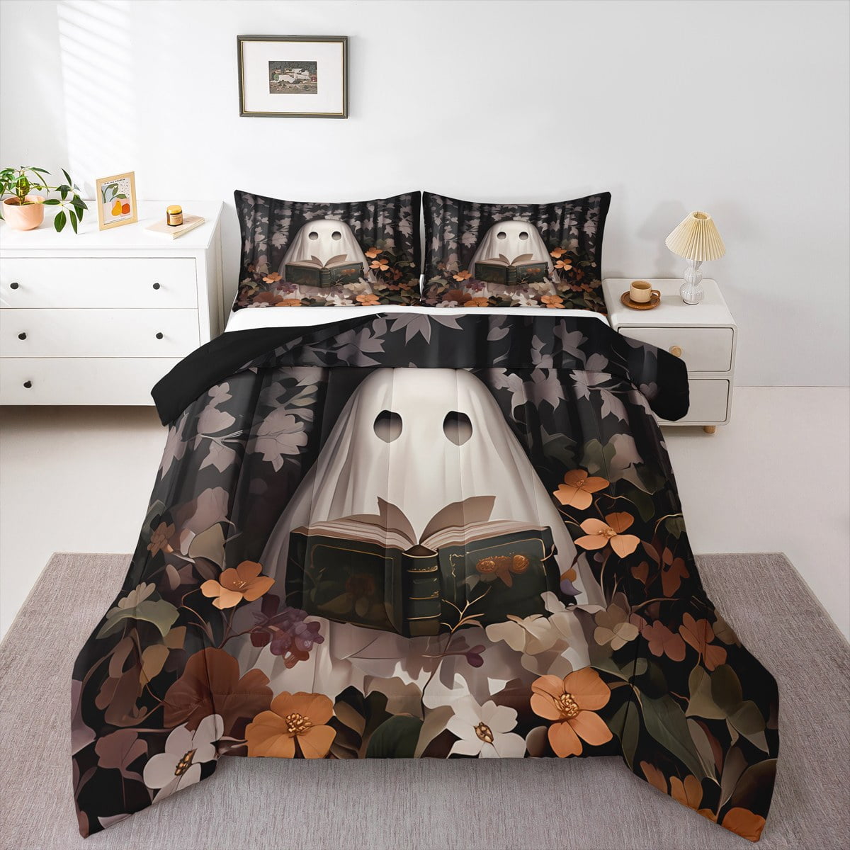 Manfei Kawaii Ghost 3pcs King Size Comforter Sets,Chic Flower Bedding ...
