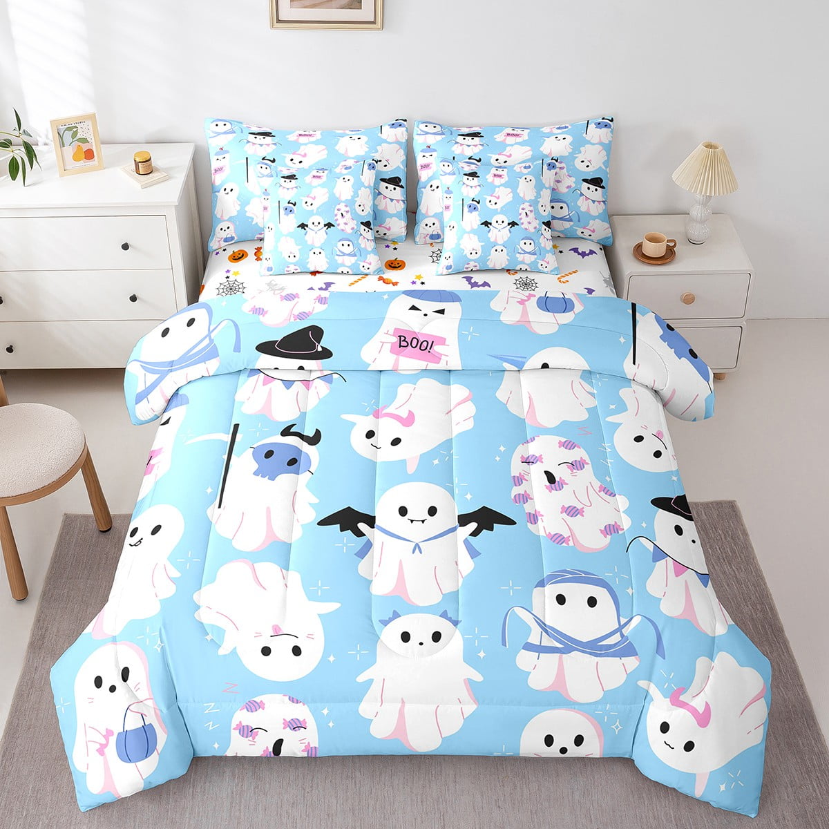 Manfei Kawaii Ghost Bedding Sets Queen Size, Blue White Bed in a Bag ...