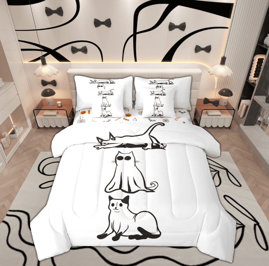 Manfei Kawaii Ghost Cat Bedding Comforter Set 7 Pieces for Kid, White ...