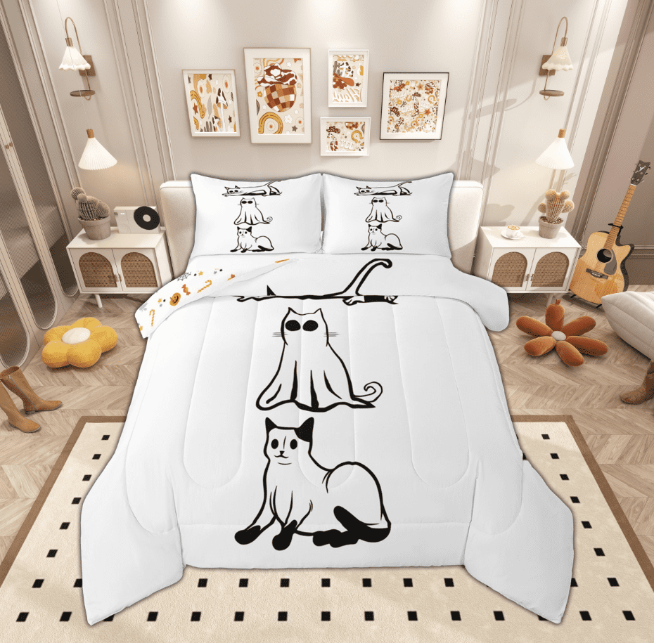 Manfei Kawaii Ghost Cat Bedding Comforter Set for Kid, White Black ...
