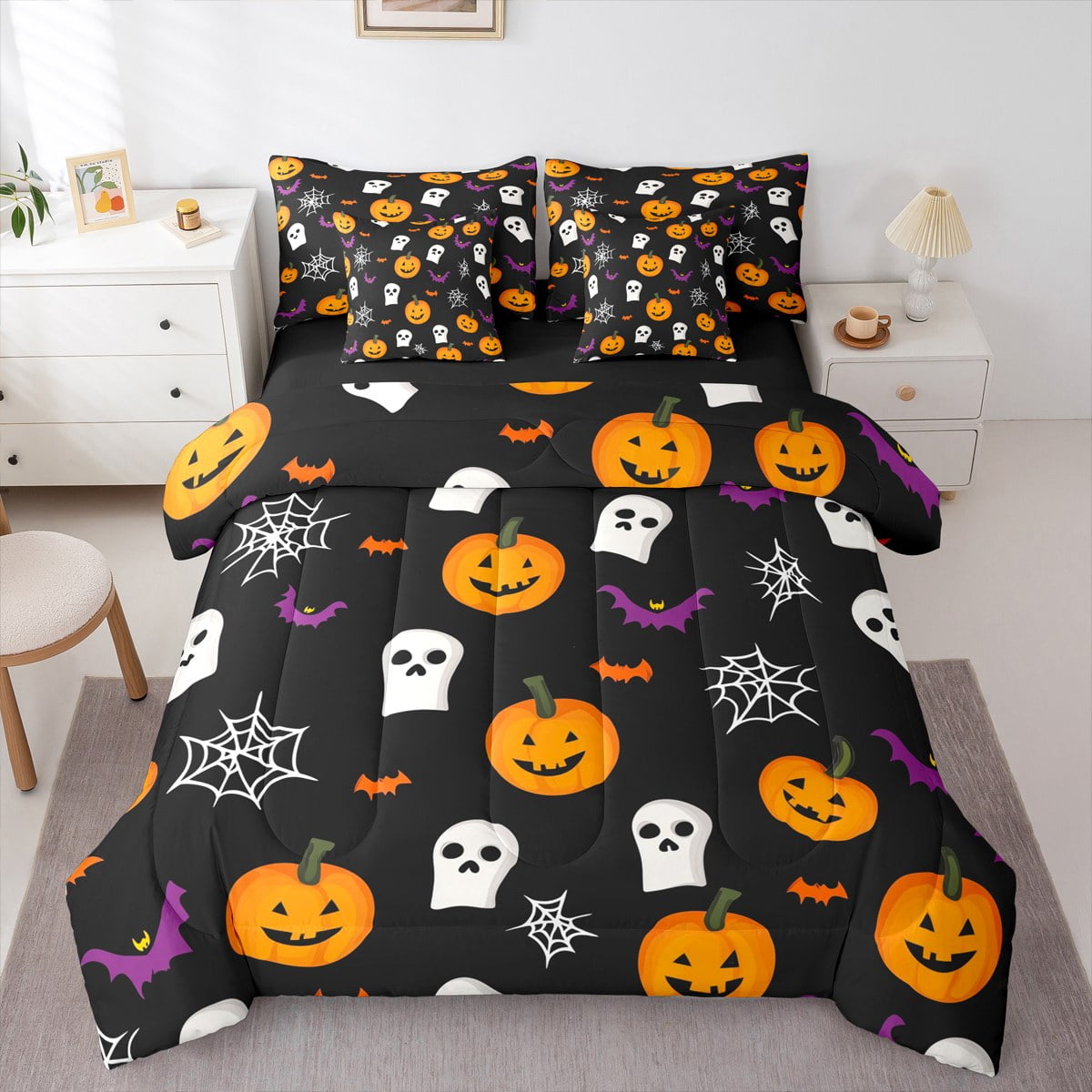 Manfei Kawaii Ghost Child Bedding Comforter Set 7pcs, Spider Web Bat ...
