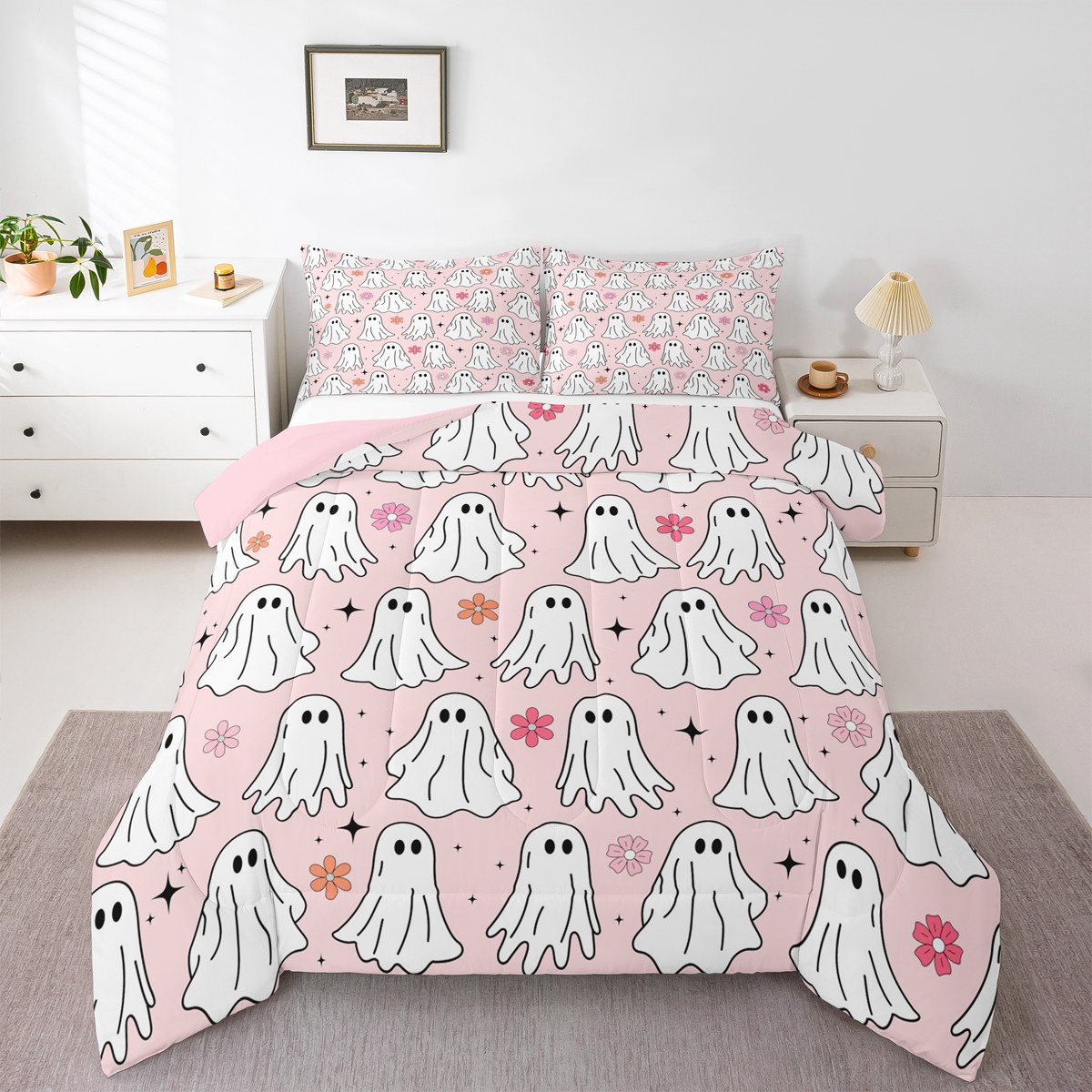 Manfei Kawaii Ghost Child Bedding Comforter Set, Cartoon Pink Flower ...