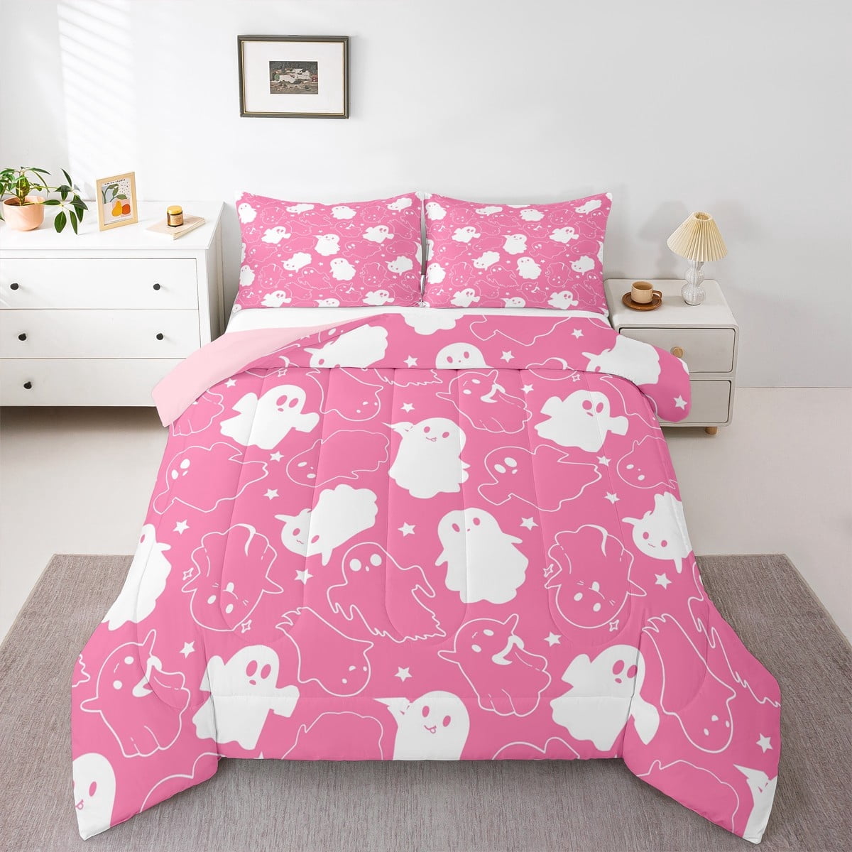 Manfei Kawaii Ghost Child Bedding Comforter Set, Pink Cartoon Halloween ...