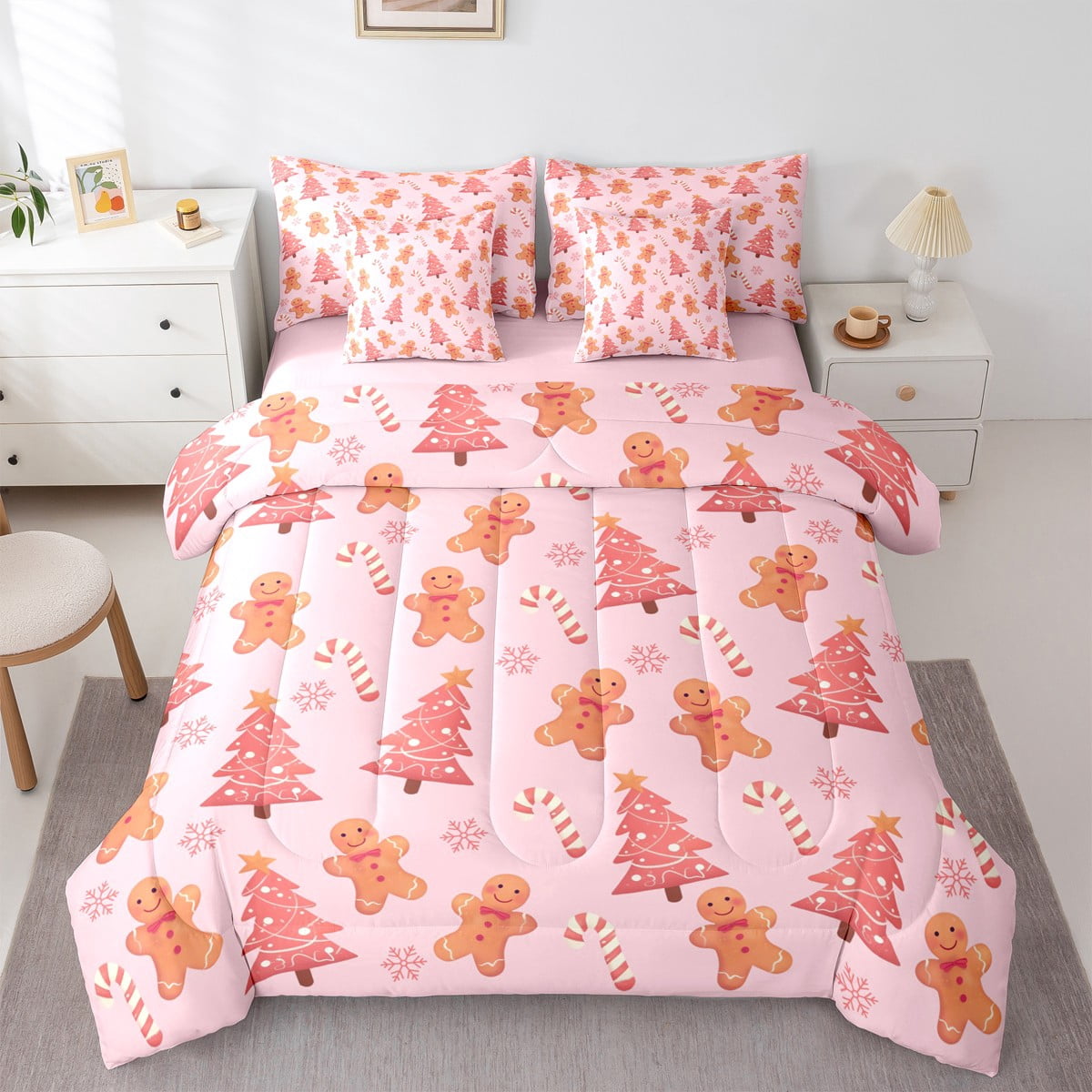 Manfei Kawaii Gingerbeard Man 7-Piece Bedding Comforter Set,Pink ...