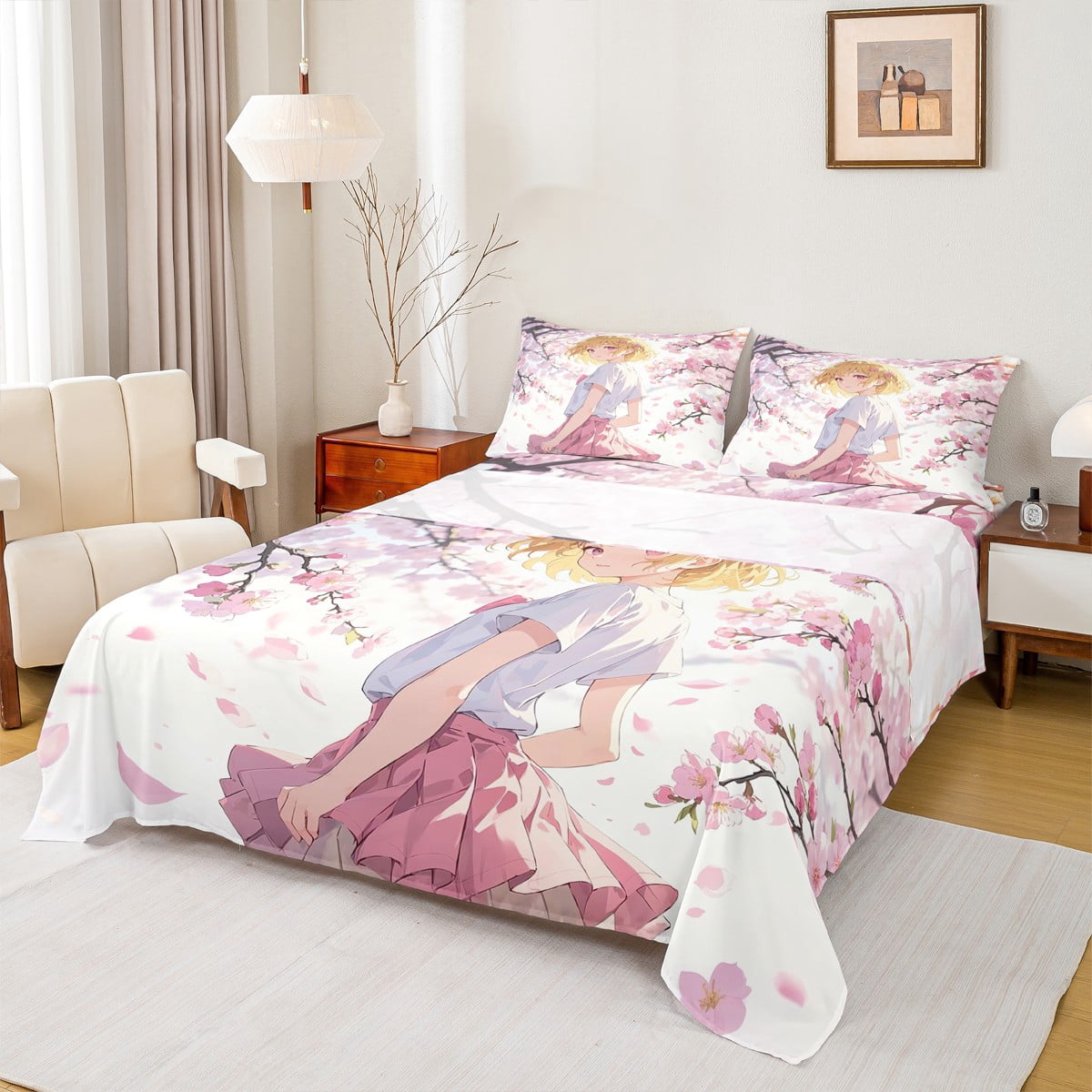 Manfei Kawaii Girl 4pcs Bed Sheets,Pink Sakura King Sheets,Japanese ...