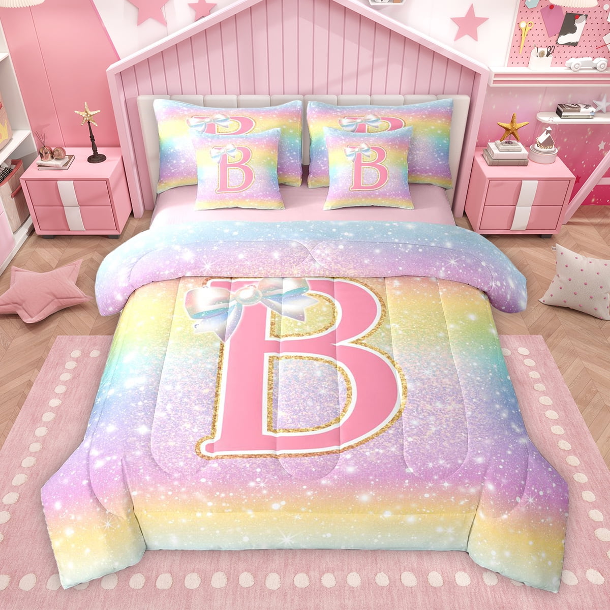 Homewish Kawaii Girls Letter B Bedding Comforter Set 7 Pieces for Kid ...