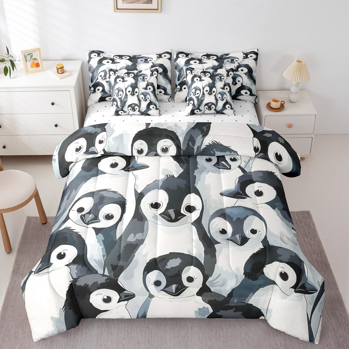 Manfei Kawaii Grey Penguin Bedding Comforter Set 7 Pieces for Kid ...